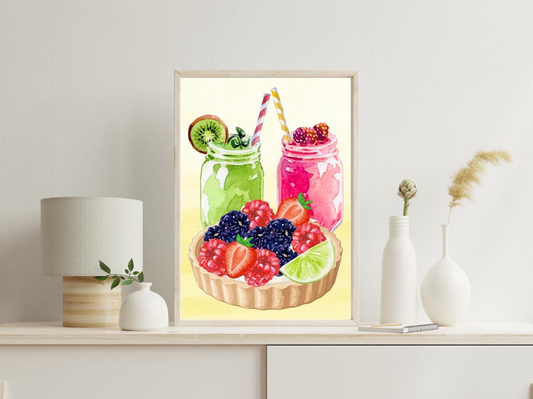 Watercolor Berry Smoothie Wall Art, Fruit Dessert Illustration ...
