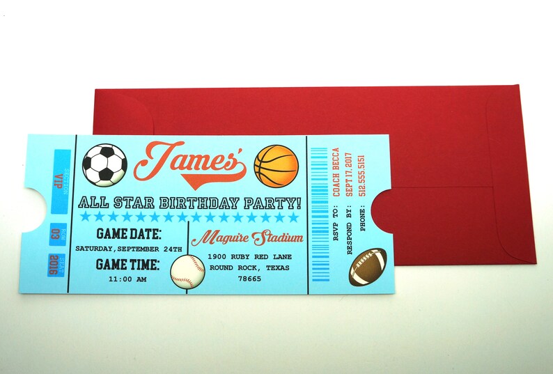 All Star Sports Ticket Birthday Invitation With Envelope : Printed ...