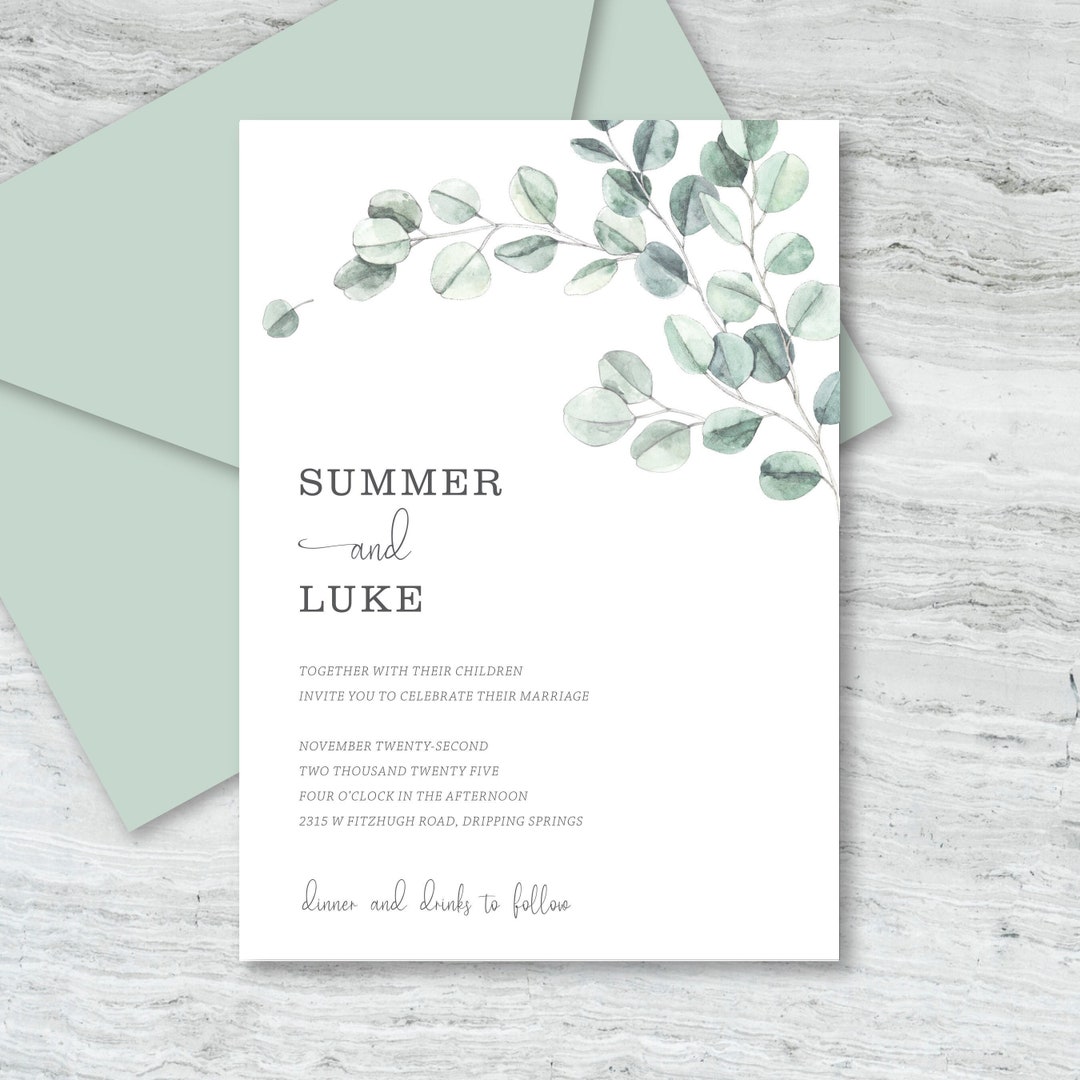 Simple Eucalyptus Greenery Wedding Invitation With RSVP : Digital ...
