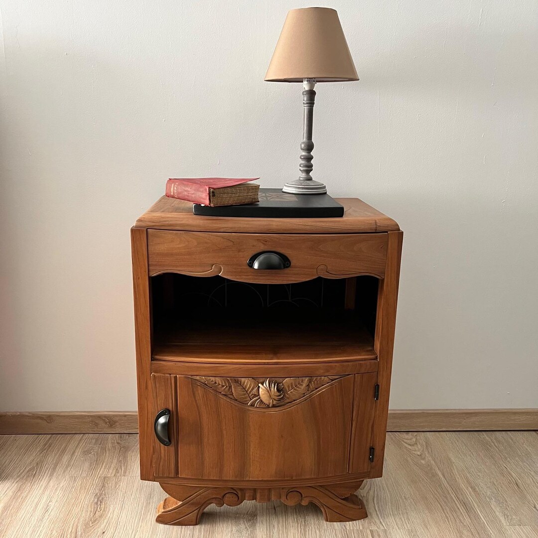 Black and Wood Art Deco Side Table With Moustache Legs - Occasional ...