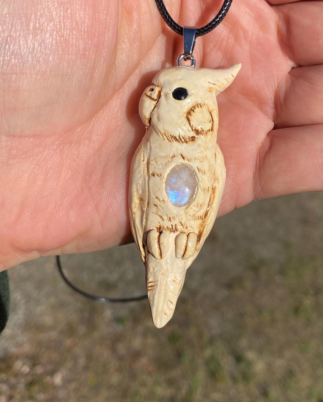 Ivory Clay Cockatiel Pendant With Rainbow Moonstone - Handmade Parrot ...
