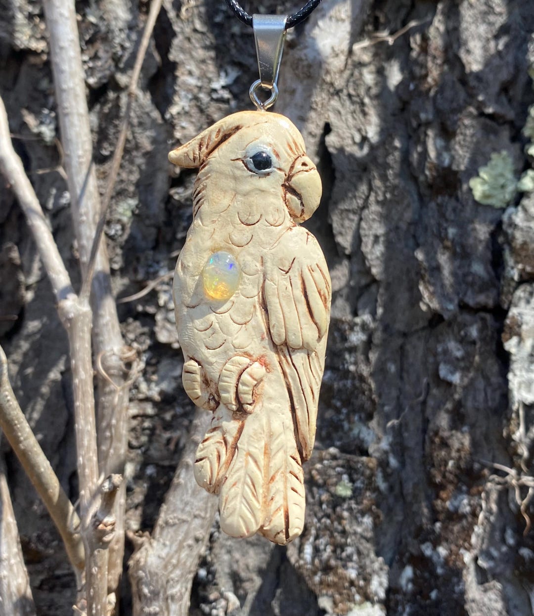 Ivory Clay Cockatoo Pendant With Opal - Handmade Parrot Necklace, Boho ...