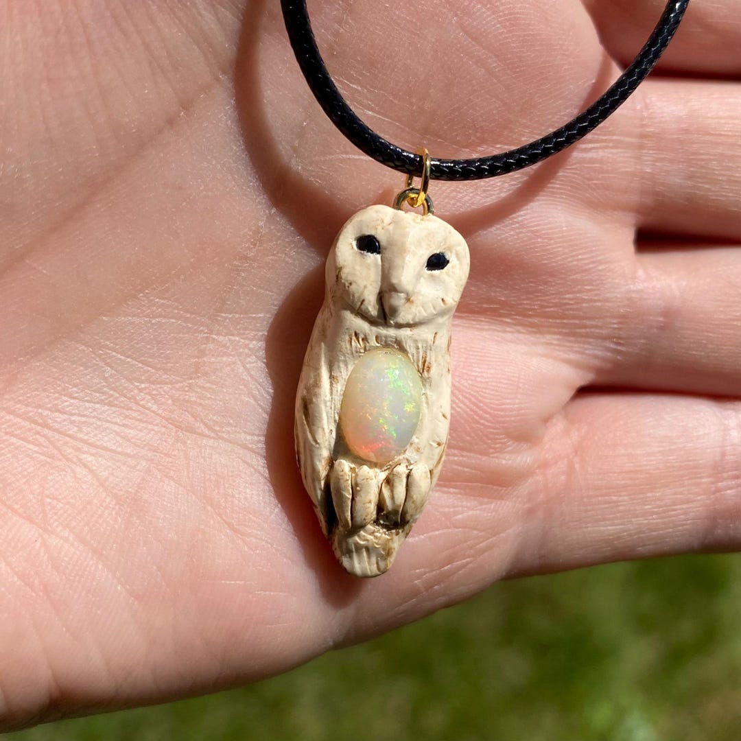 Cute Little Ivory Clay Barn Owl Pendant With Faceted Opal - Handmade ...