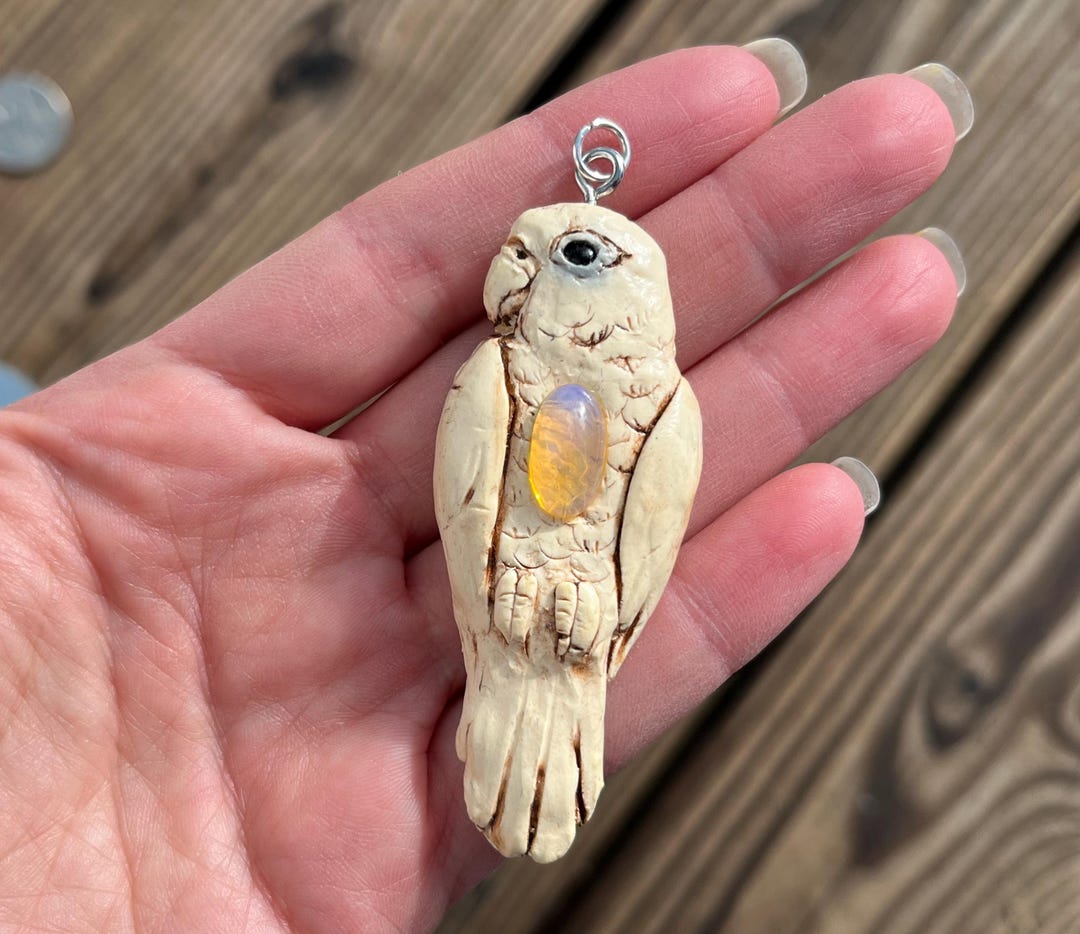Ivory Clay Conure Parrot Pendant With Opal - Handmade Parrot Necklace ...