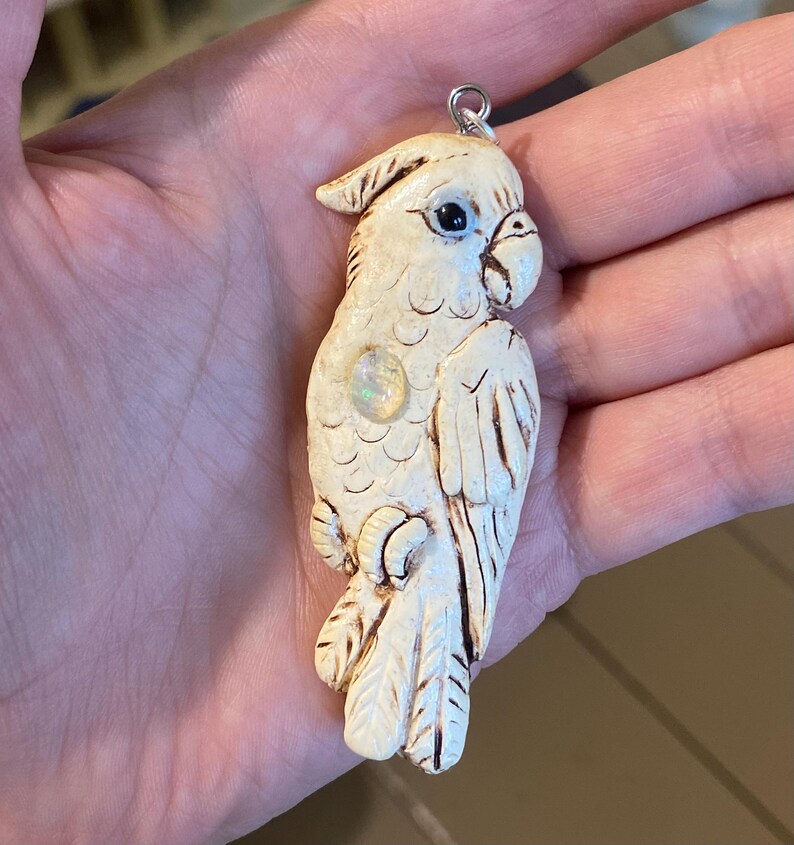 Ivory Clay Cockatoo Pendant With Opal - Handmade Parrot Necklace, Boho ...