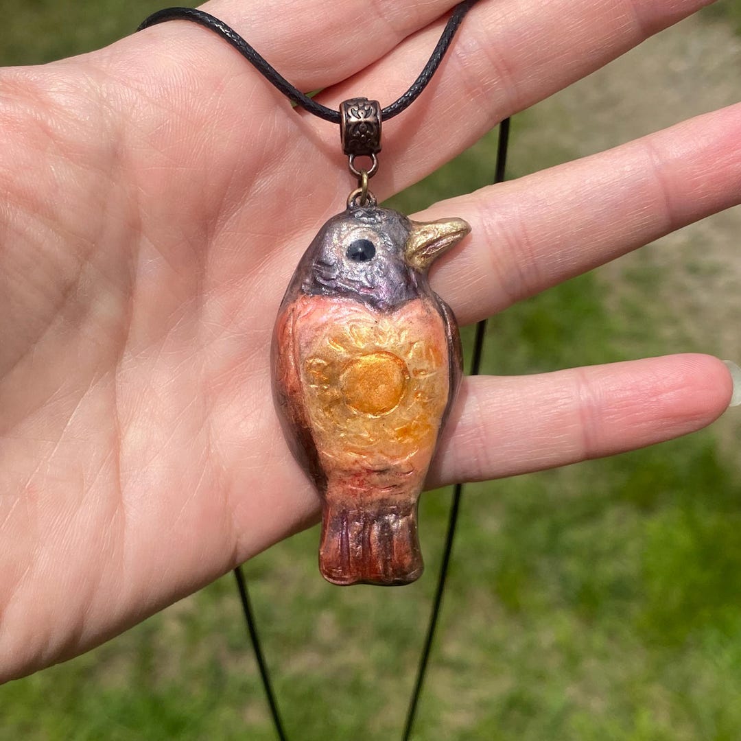 Sunrise American Robin Pendant With Sun Motif - Handmade Bird Necklace ...