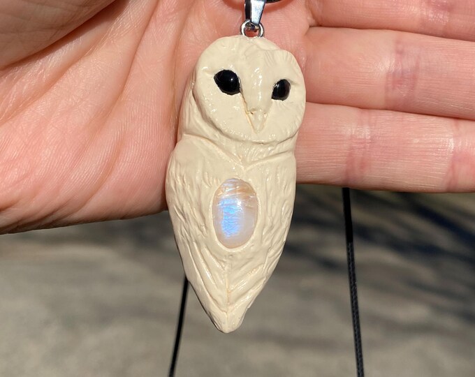 Ivory Clay Barn Owl Pendant With Rainbow Moonstone - Handmade Bird ...