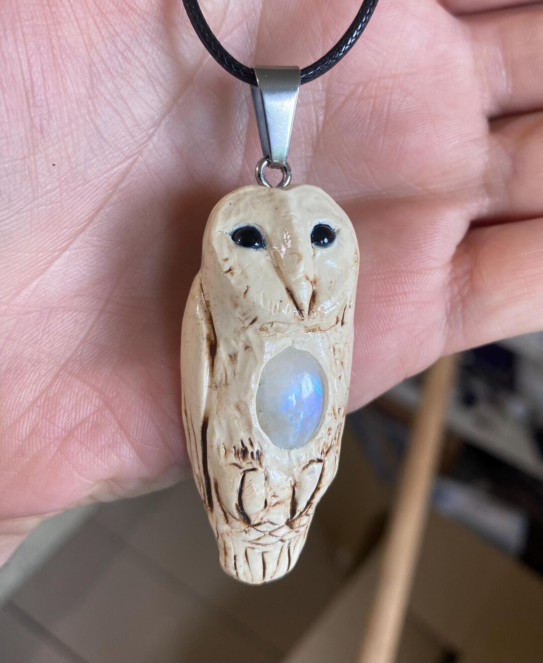 Ivory Clay Barn Owl Pendant With Rainbow Moonstone - Etsy