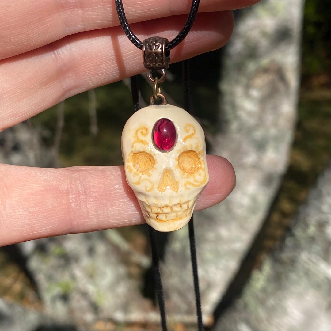 Ivory Clay Skull Pendant With Garnet: Handmade Day of the Dead ...