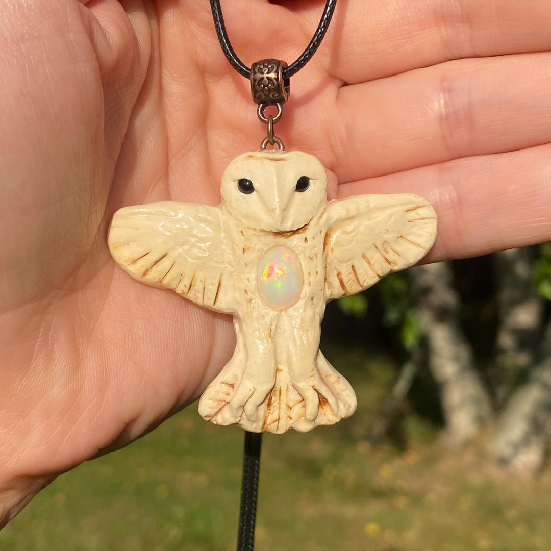 Ivory Clay Barn Owl Totem Pendant With Outstretched Wings and Opal ...