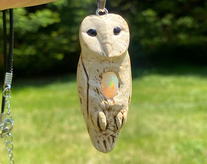 Ivory Clay Barn Owl Pendant With Opal - Handmade Bird Necklace, Boho ...