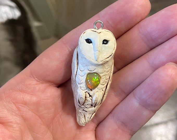 Ivory Clay Barn Owl Pendant With Opal, Bird - Etsy