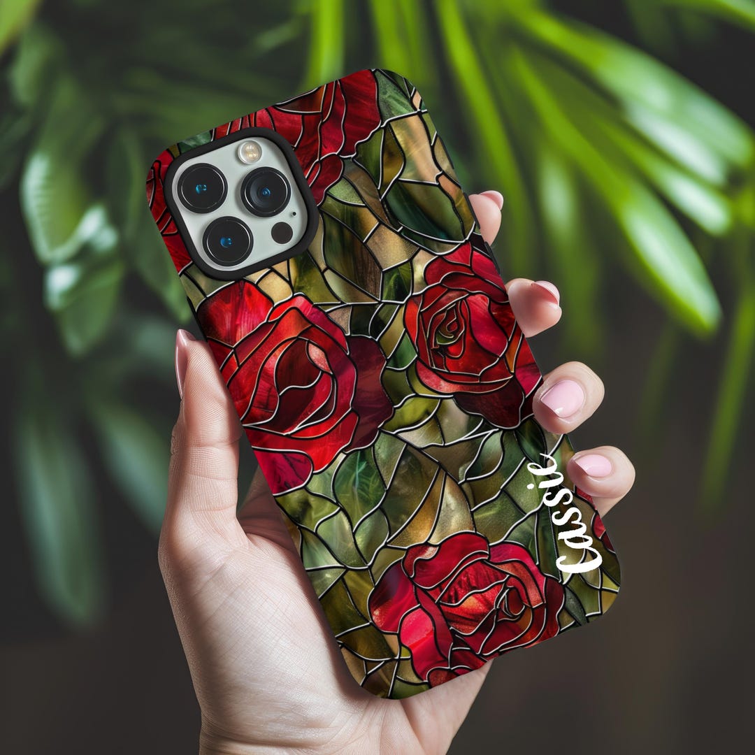 Personalized Stained Glass Red Rose Phone Case, Custom Phone Case ...
