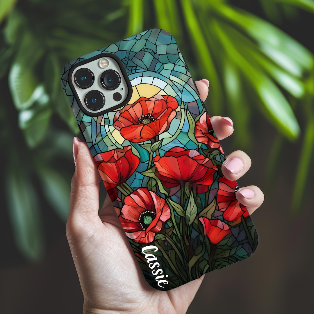 Personalized Stained Glass Poppy Phone Case, Botanical Phone Case ...