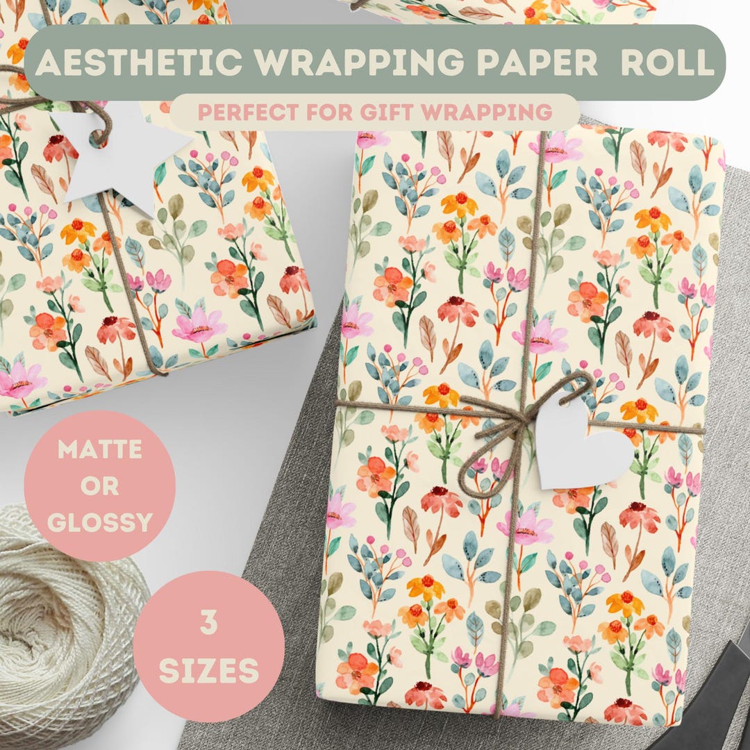 Flower Wrapping Paper Roll, Watercolor Flower Gift Wrap, Botanical ...