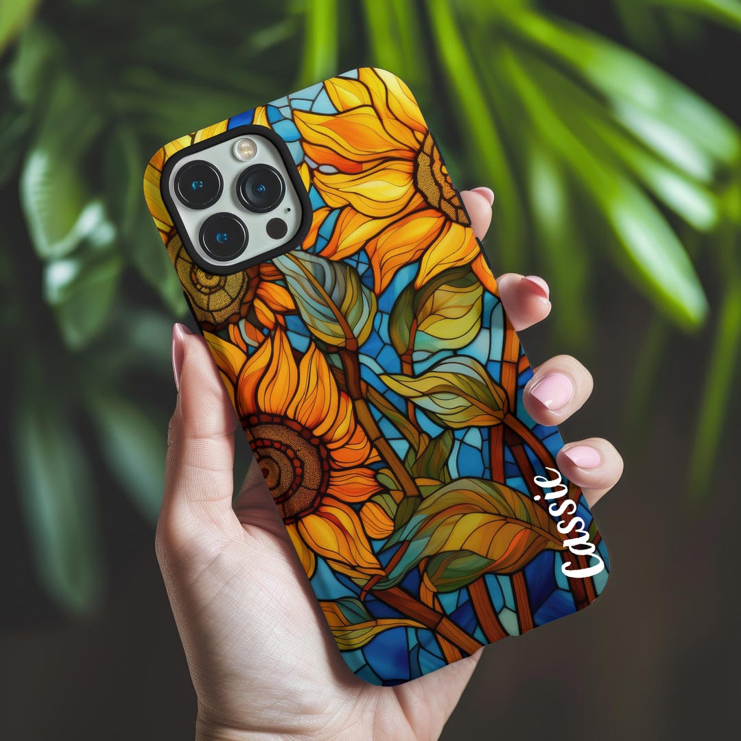 Personalized Stained Glass Sunflower Phone Case, Flower Tough Case for ...
