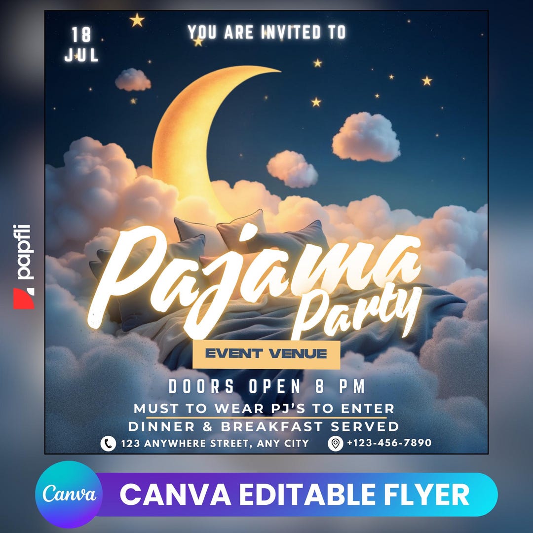 Pajama Party Flyer Invitation: Editable Canva Template (digital ...