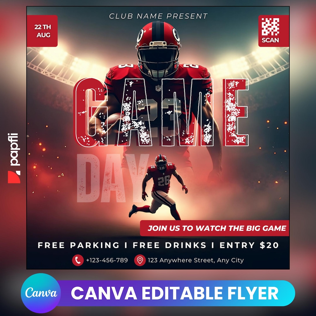 Game Day Football Flyer Template for Canva, DIY Event Flyer, Party ...