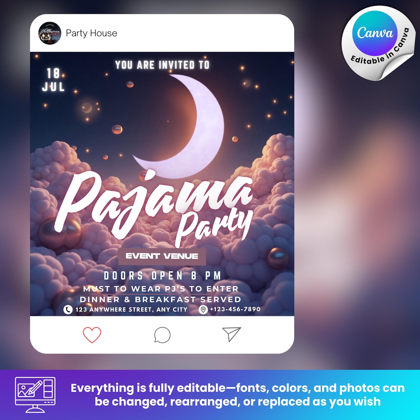Pajama Party Invitation Canva Template, Editable Purple Moon Design ...