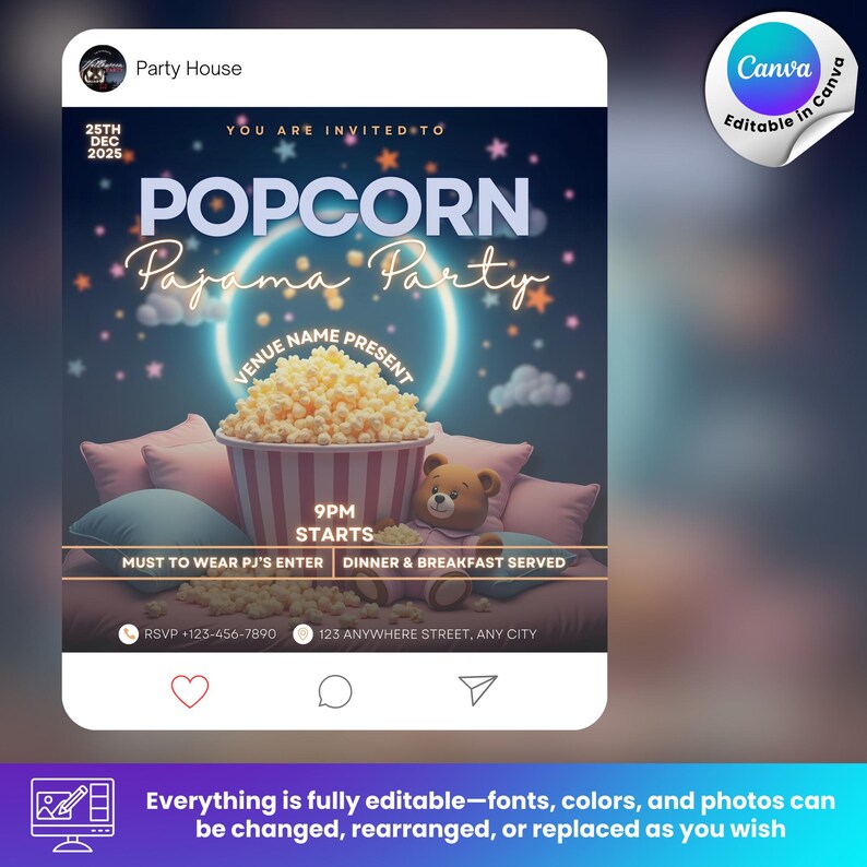 Popcorn Pajama Party Invitation: Blue Slumber Party Canva Template ...