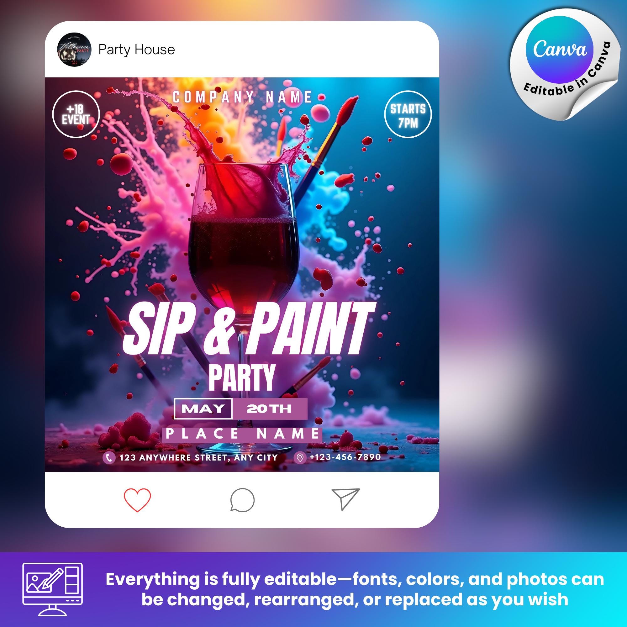 Paint and Sip Party Flyer, Editable Canva Template, Creative Event ...