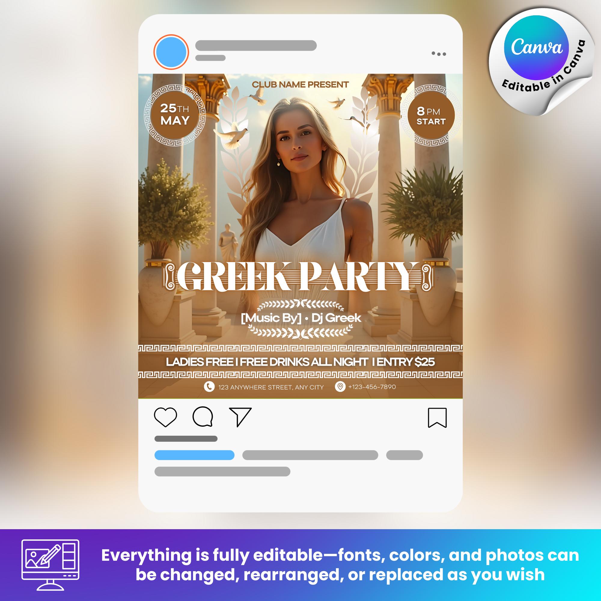 Greek Fever Party Flyer Template: Customizable Canva Design (digital ...