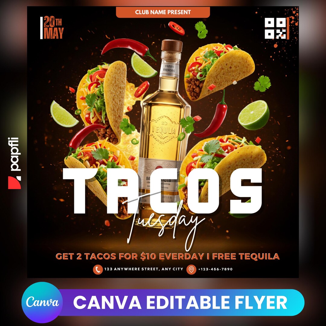 Editable Tacos Tuesday Flyer, Tacos & Tequila Flyer, Tacos Restaurant ...