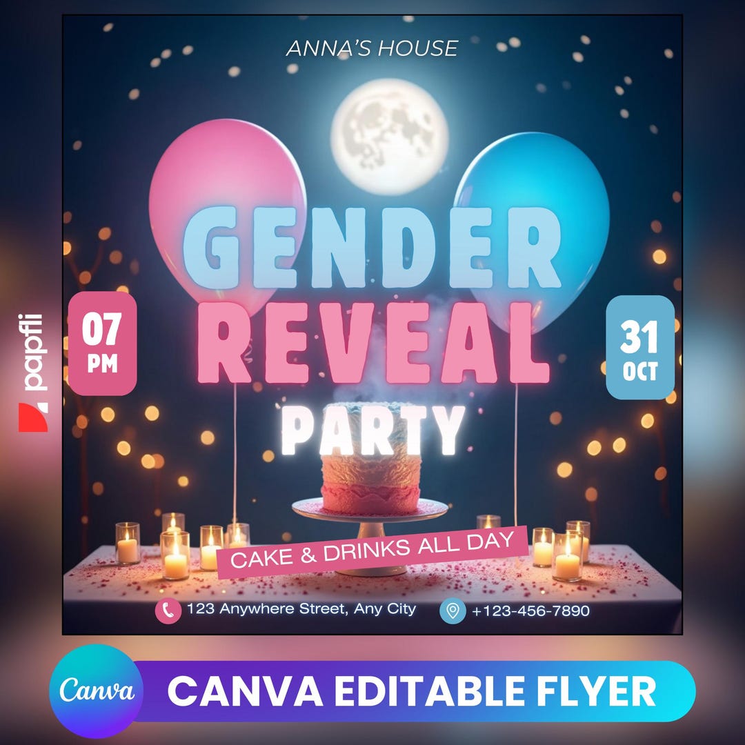 Gender Reveal Party Flyer: Editable Canva Template, Social Media Post ...