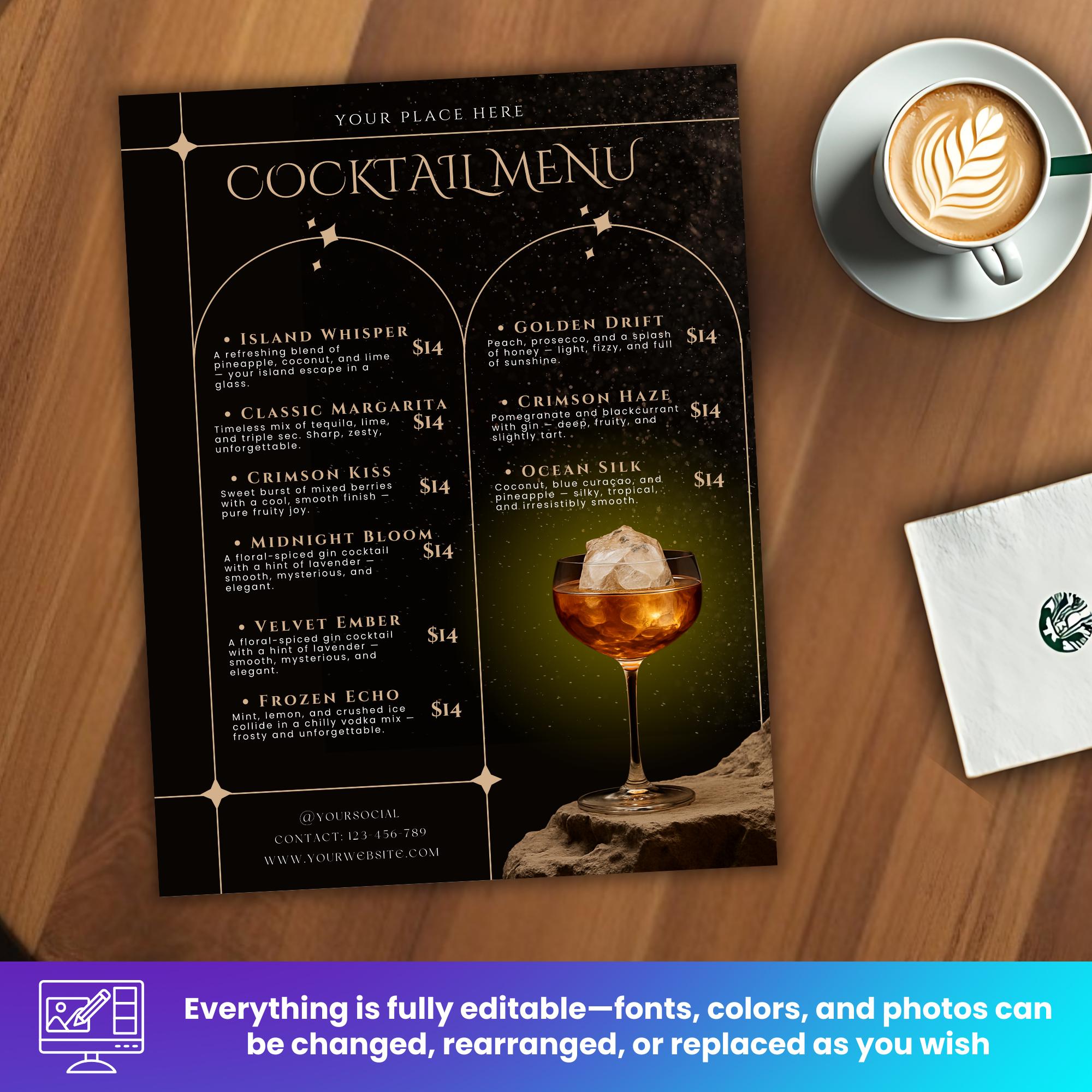 Cocktail Menu Flyer Template, Editable Flyer, Luxury Menu Flyer ...