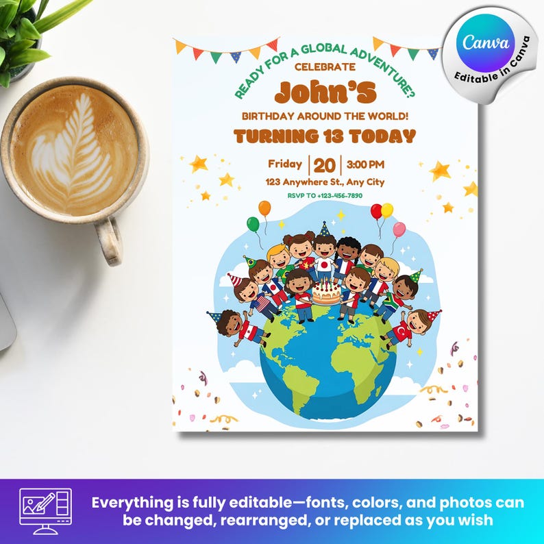 Around the World Birthday Invitation Template, Editable Flyer, World ...