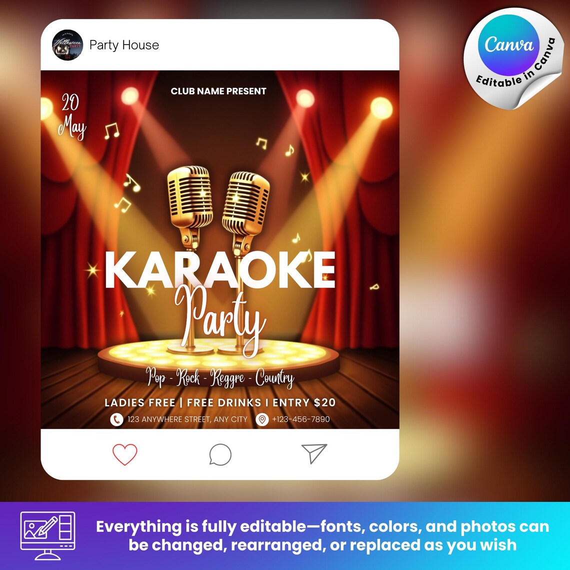 Karaoke Night Flyer Template: Editable Canva Party Invite (digital ...