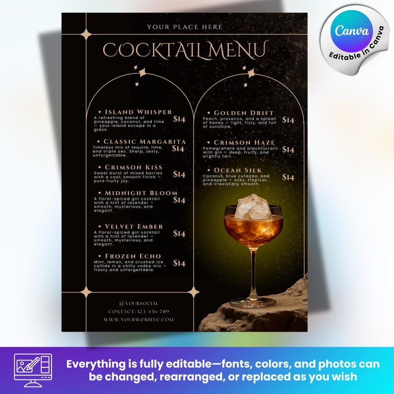 Cocktail Menu Flyer Template, Editable Flyer, Luxury Menu Flyer ...