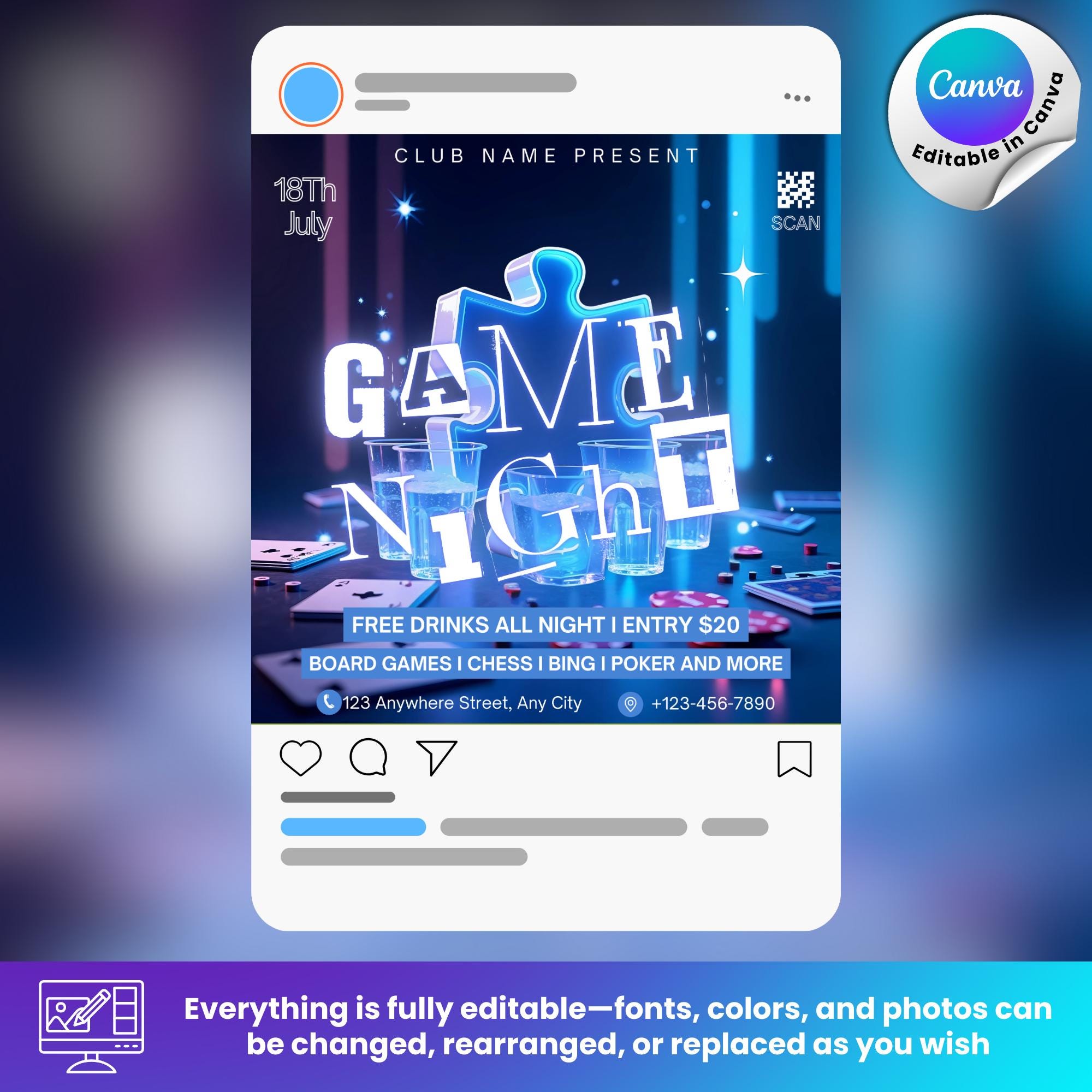 Game Night Party Flyer, Social Media Party Announcement Editable Game ...