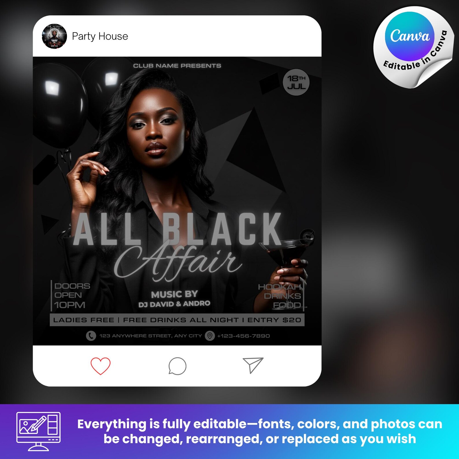 Elegant All Black Party Flyer Template: Modern Event Invitation (canva ...