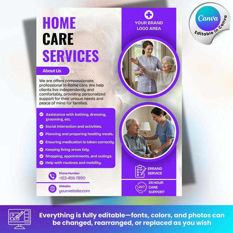 Editable Home Care Service Flyer: Canva Template (8.5x11 Inches) - Etsy