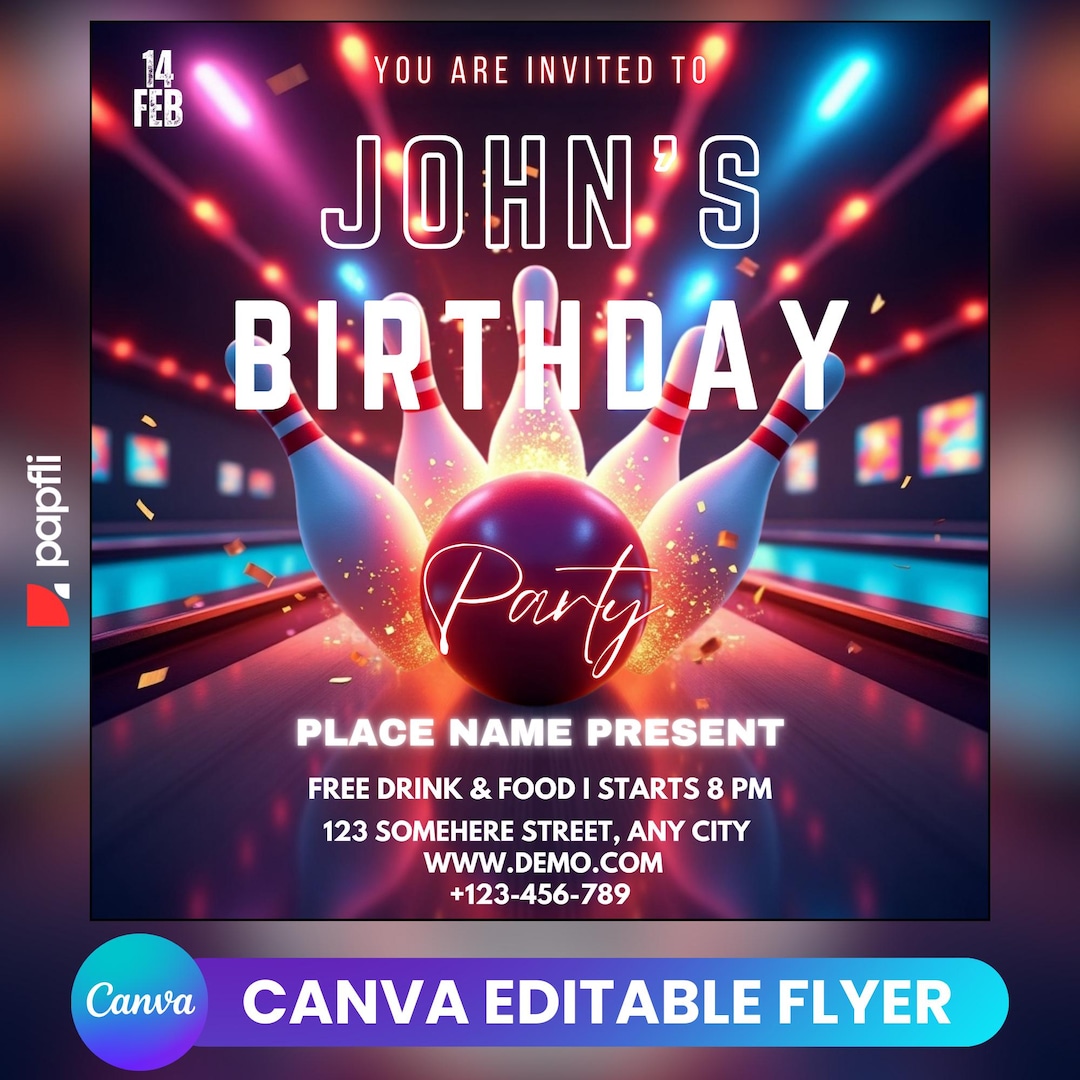 Bowling Invitation Canva Template, Editable Neon Party Flyer, Perfect ...