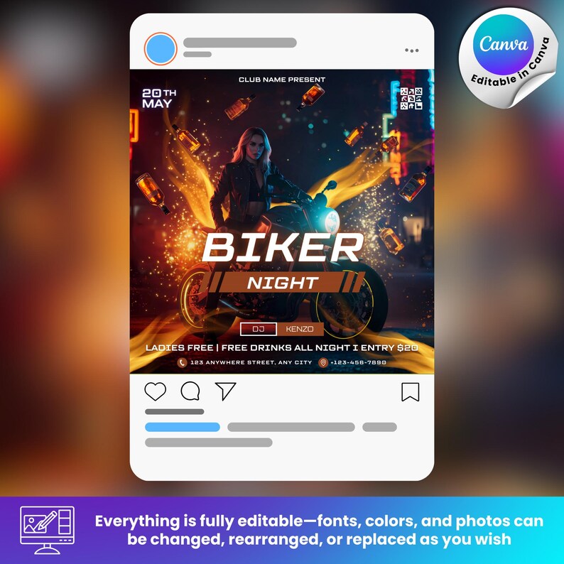 Editable Biker Night Club Flyer Template: Canva DIY Party Invite ...