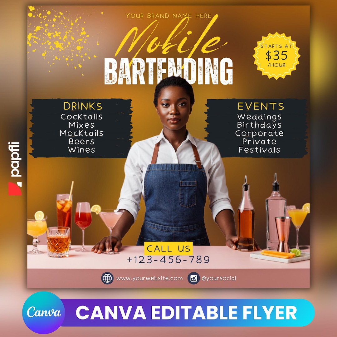 Mobile Bartending Flyer, Editable Flyer, Event Bartender Flyer ...