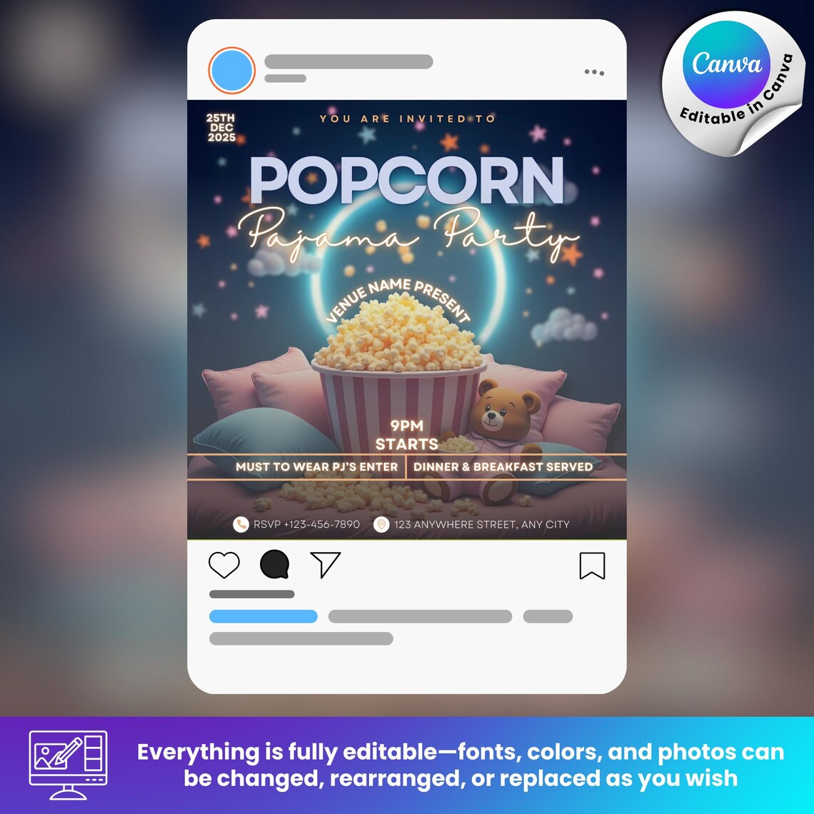 Popcorn Pajama Party Invitation: Blue Slumber Party Canva Template ...