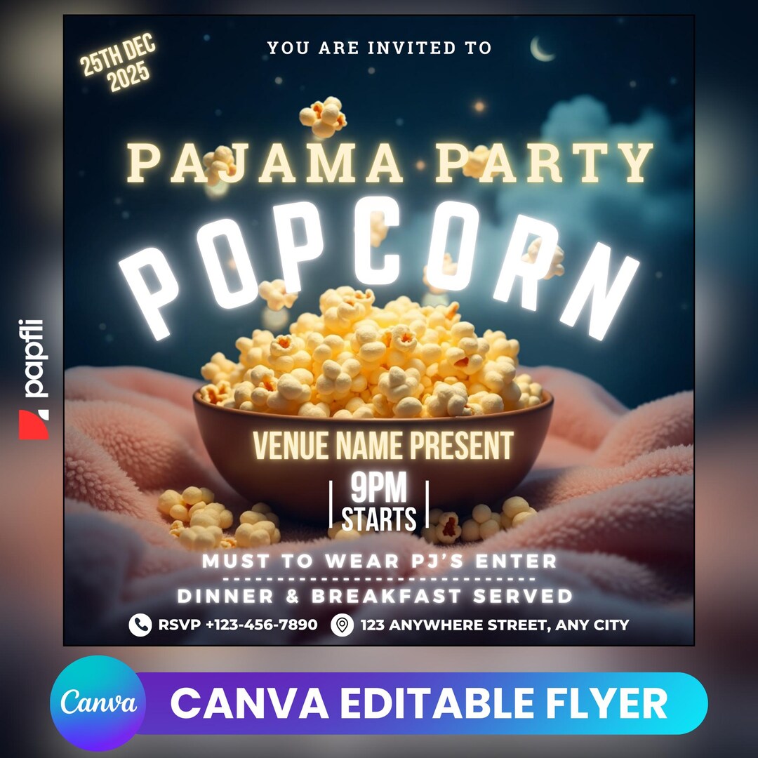Popcorn Pajama Party Canva Template, Editable Flyer Design, Perfect for ...