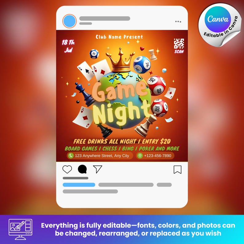 Game Night Party Flyer, Social Media Party Announcement Editable GAME ...