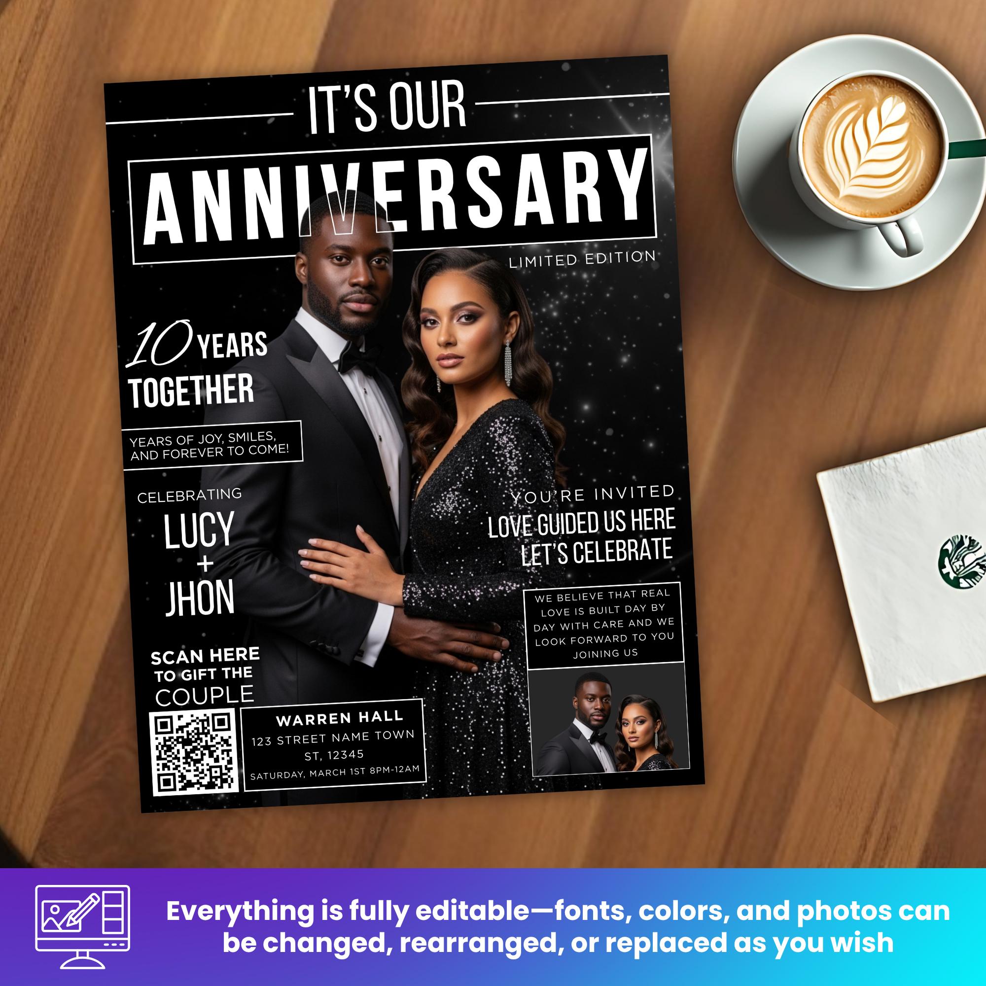 Black Anniversary Invitation: Magazine Cover Template (canva Editable ...