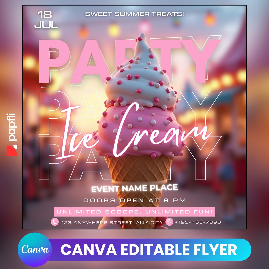 Ice Cream Party Flyer: Editable Canva Template, Instagram Post - Etsy