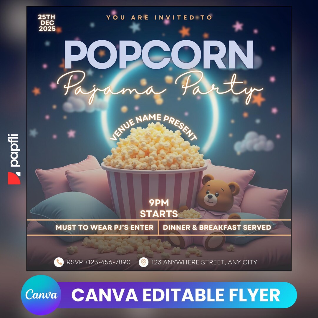 Popcorn Pajama Party Invitation: Blue Slumber Party Canva Template ...