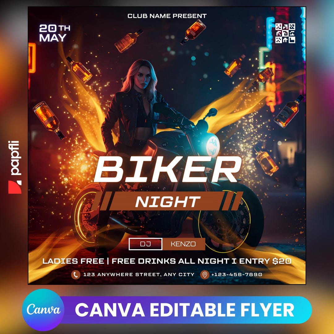 Editable Biker Night Club Flyer Template: Canva DIY Party Invite ...