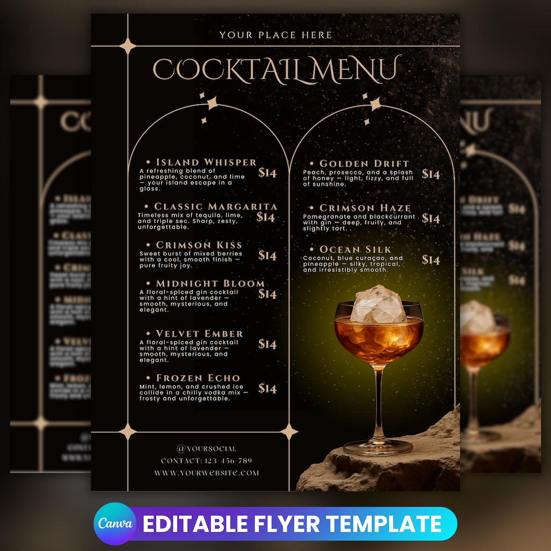 Cocktail Menu Flyer Template, Editable Flyer, Luxury Menu Flyer ...