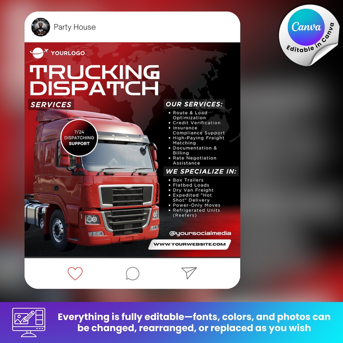 Truck Dispatcher Flyer: Editable Logistics Template (canva, Digital ...