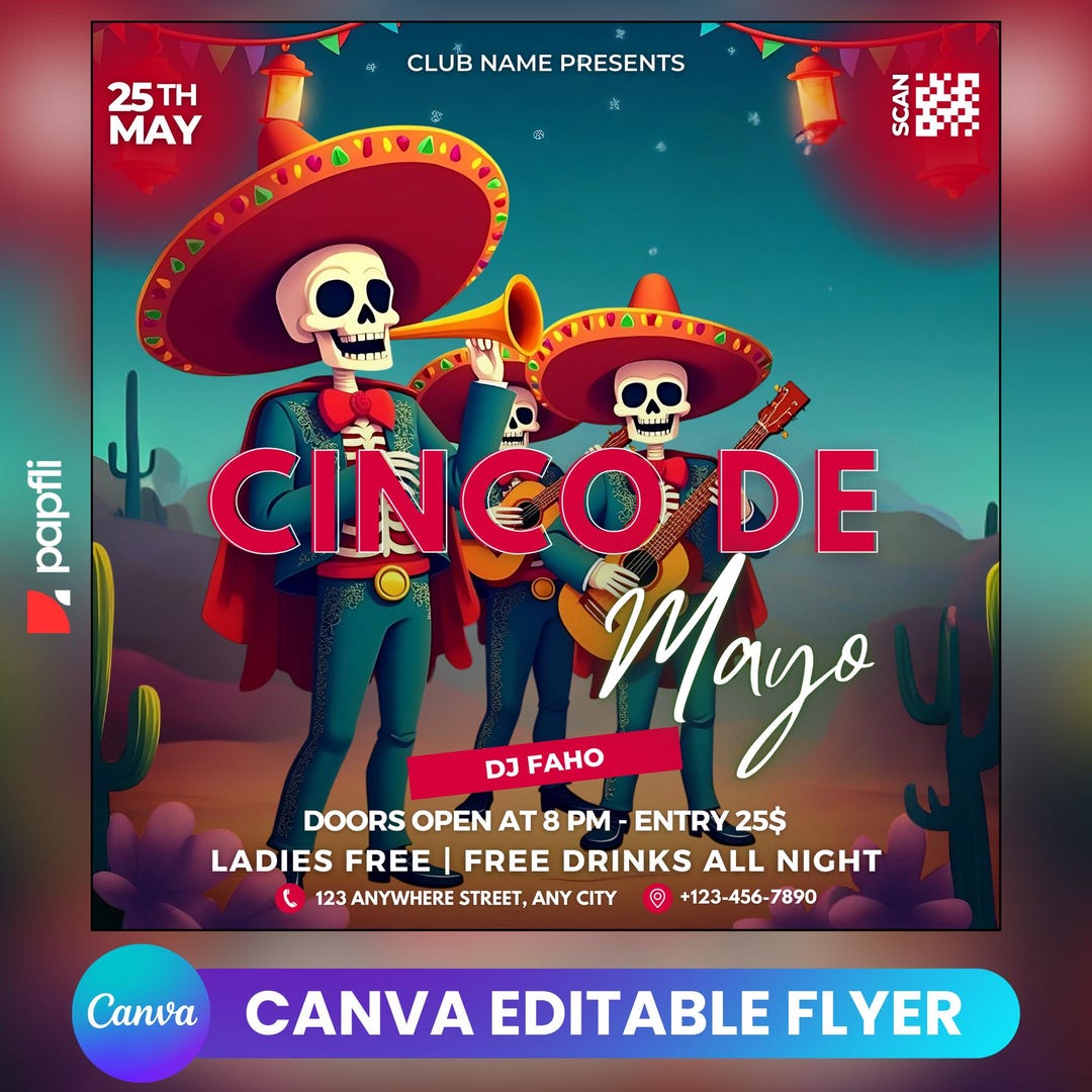 Cinco De Mayo Club Flyer Template for Canva, DIY Event Flyer, Party ...