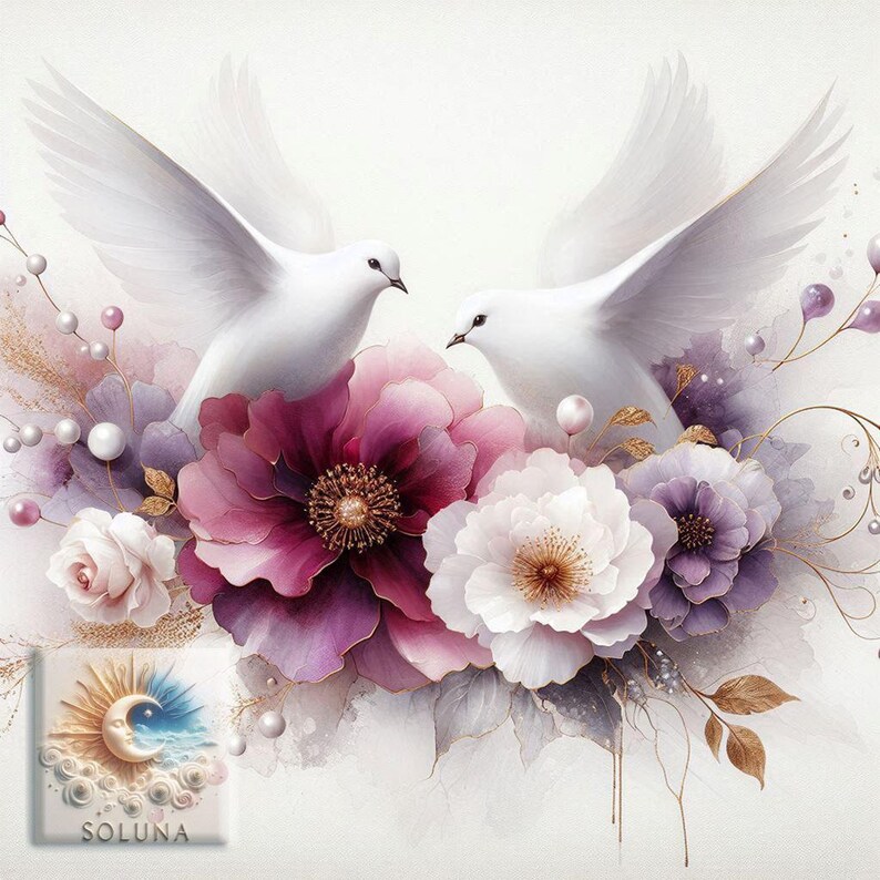 Watercolor Flower and Dove Clipart Set: Wedding Graphics (digital ...
