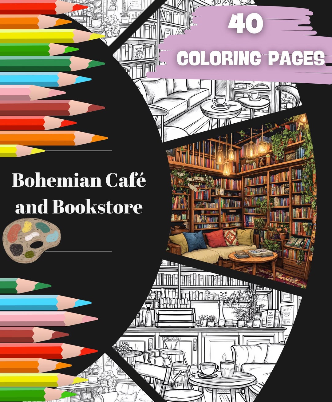 40 Bohemian Café and Bookstore Coloring Pages, Cozy Coffee Shop and ...